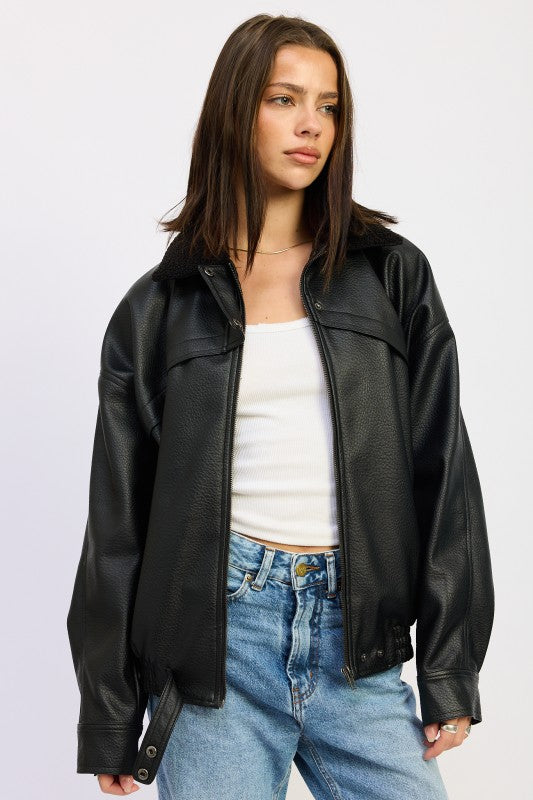 SHEARLING COLLAR VEGAN LEATHER JACKET – Lynette Tracy